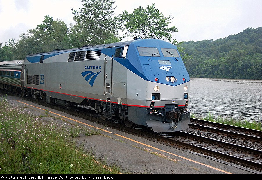Amtk P-42DC #23 comes to a stop at the passenger station